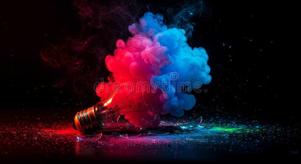 A Light Bulb Exploding with Colorful Smoke and Ink, Forming a Colorful ...