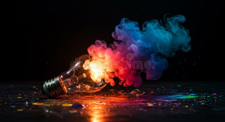 A Light Bulb Exploding with Colorful Smoke and Ink, Forming a Colorful ...