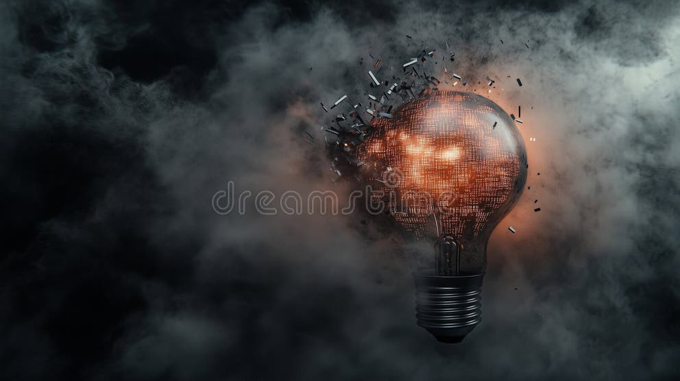A Light Bulb is Exploding in a Dark Room with Smoke and Debris ...