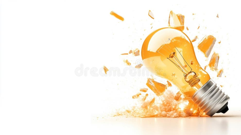 A Light Bulb Exploding into Pieces with Glass Debris Flying on a White ...
