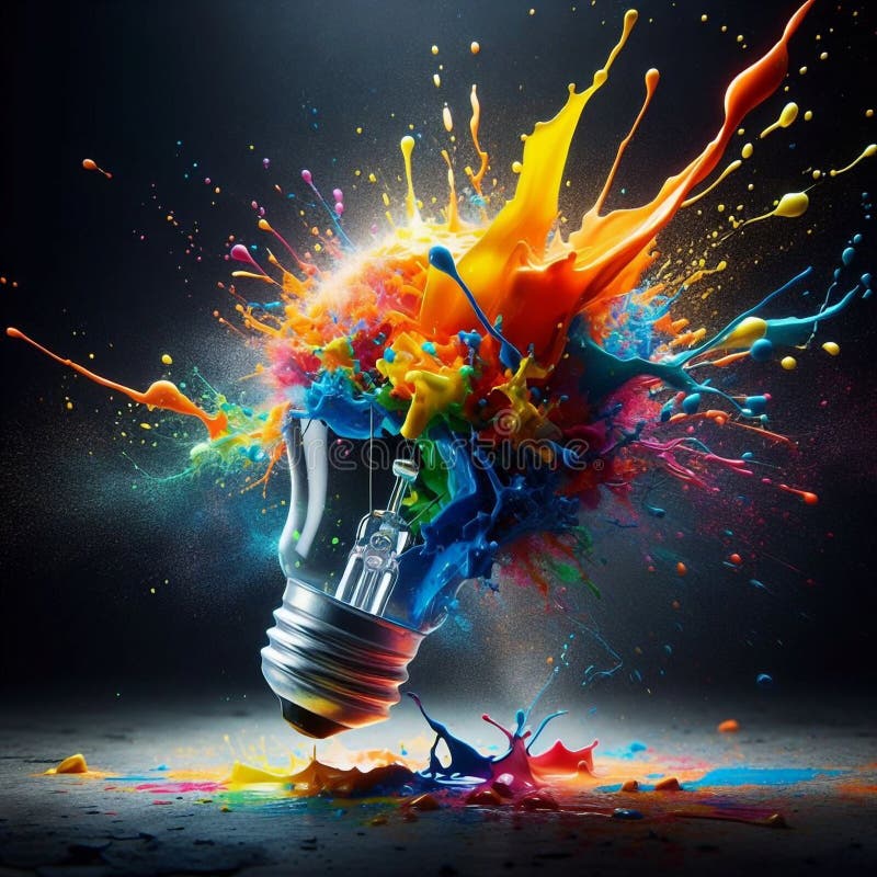 A Light Bulb Exploding with Vibrant Paint Splatters, Representing ...