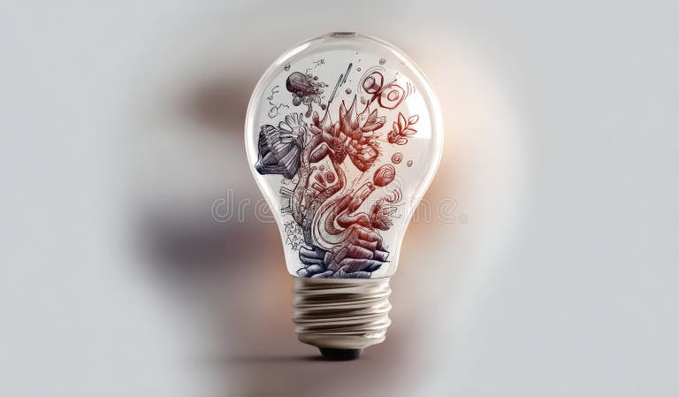 A Light Bulb Featuring Various Drawings Creatively Emerging from it ...