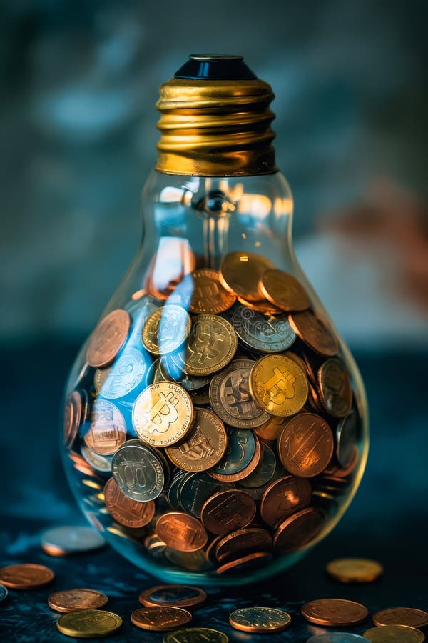 A Light Bulb Filled with Coins Sitting on Top of a Table. Generative AI ...