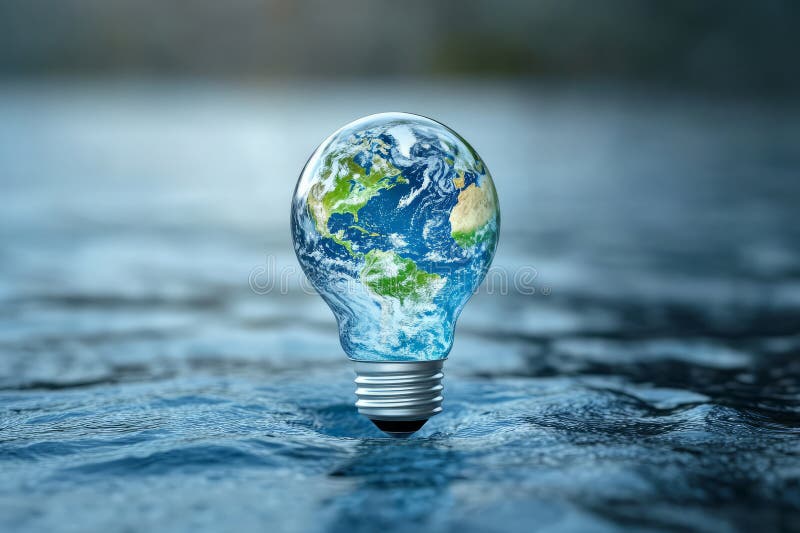 Light Bulb Filled with Earth Floats on Water, Symbolizing Environmental ...