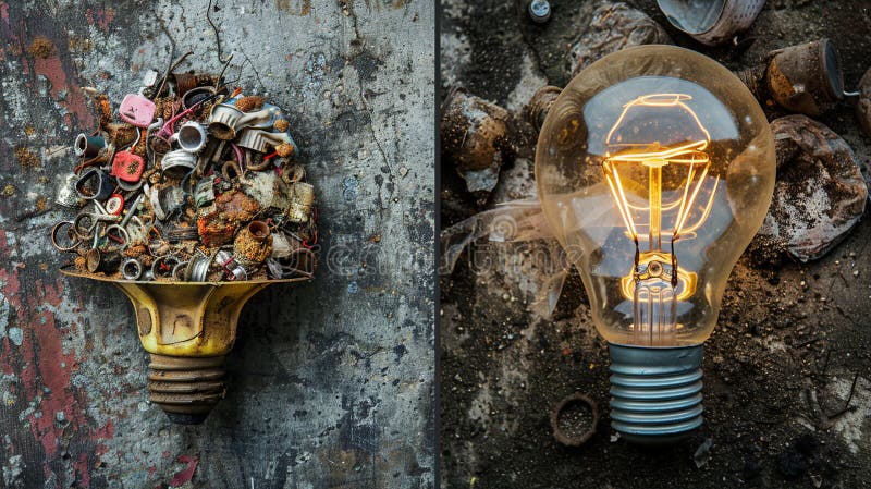 Light Bulb Filled with Junk Stock Illustration - Illustration of reuse ...