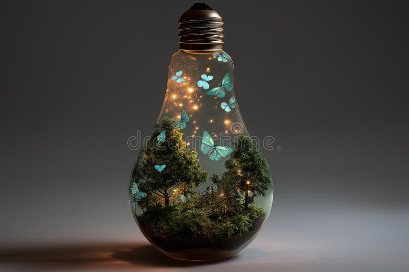 Light Bulb Filled with a Miniature Forest and Glowing Butterflies at ...