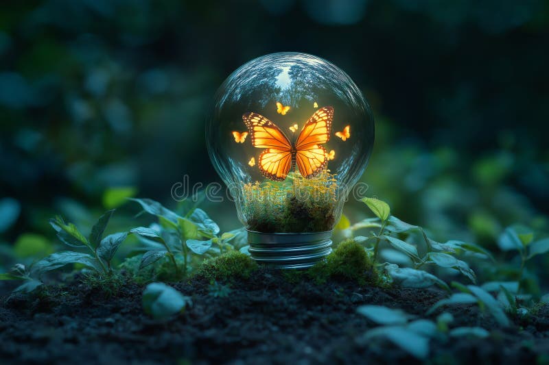 Light Bulb Filled with a Miniature Forest and Glowing Butterflies at ...