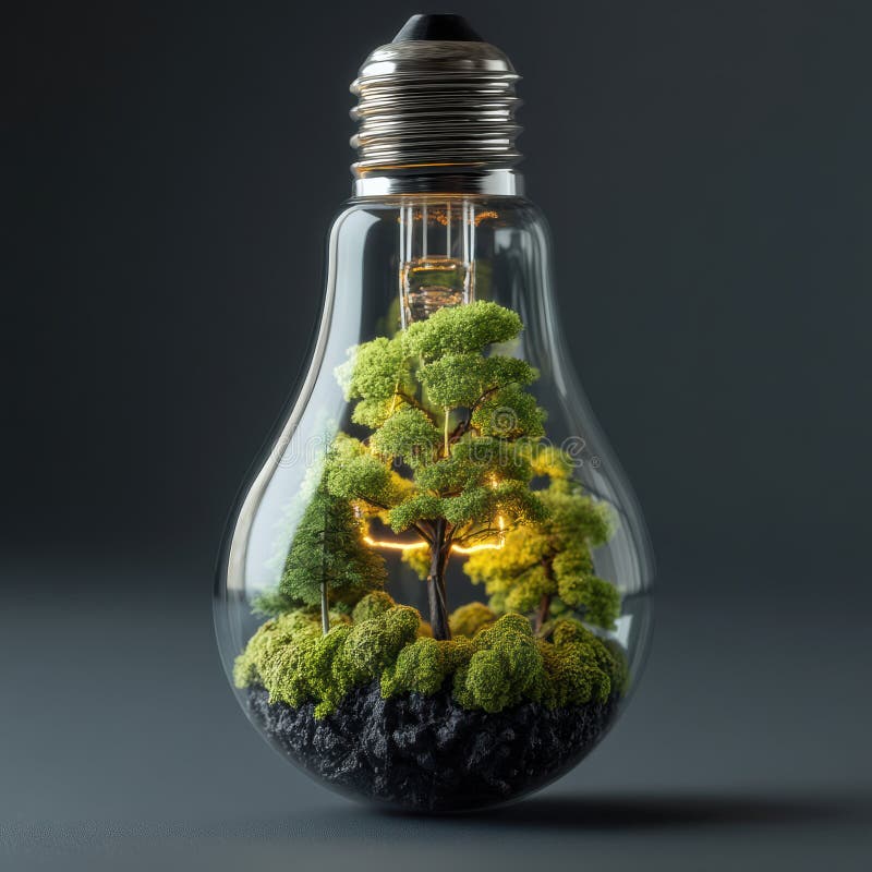 Light Bulb Filled with a Miniature Green Forest Glowing Gently in ...