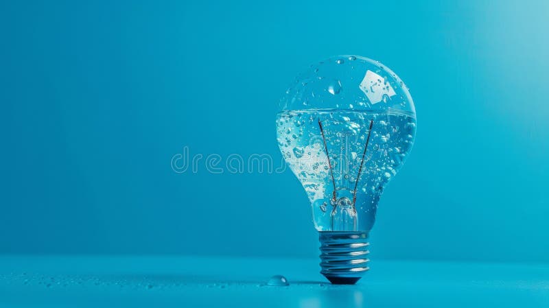 Light Bulb Filled with Water Droplets Against a Blue Background Stock ...