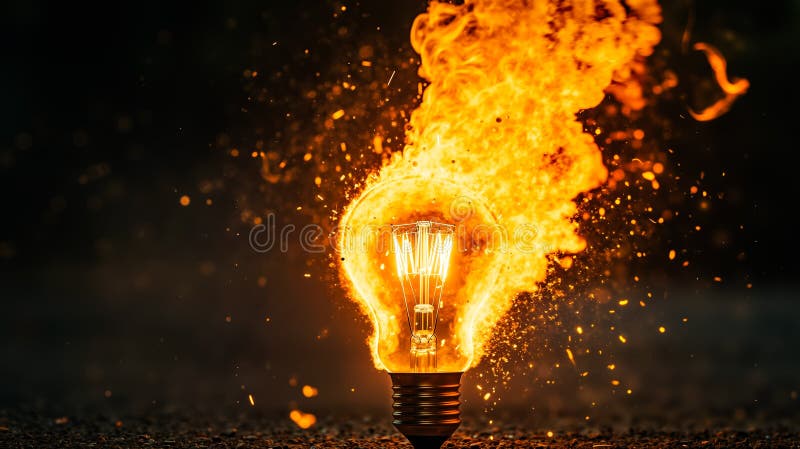 A Light Bulb with Fire Coming Out of it on a Dark Background Stock ...