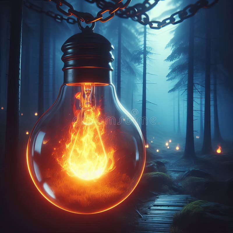 Light Bulb with Flame Inside in Dark Forest Stock Image - Image of ...