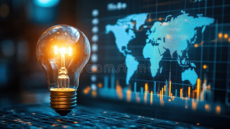A Light Bulb is Floating Above a Computer Screen with a Map of the ...