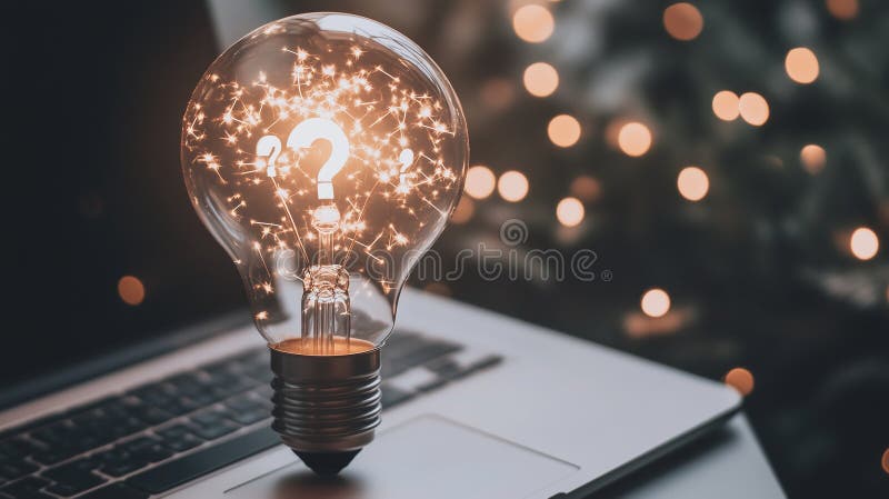 Light Bulb with Floating Question Marks Near a Laptop Stock Image ...