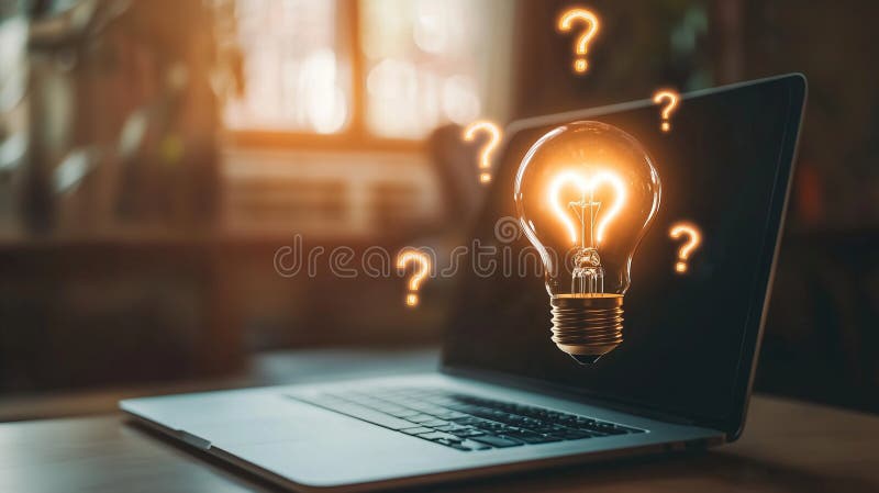 Light Bulb with Floating Question Marks Near a Laptop Stock Photo ... Light Bulb with Floating Question Marks Near a Laptop Stock Photo ...