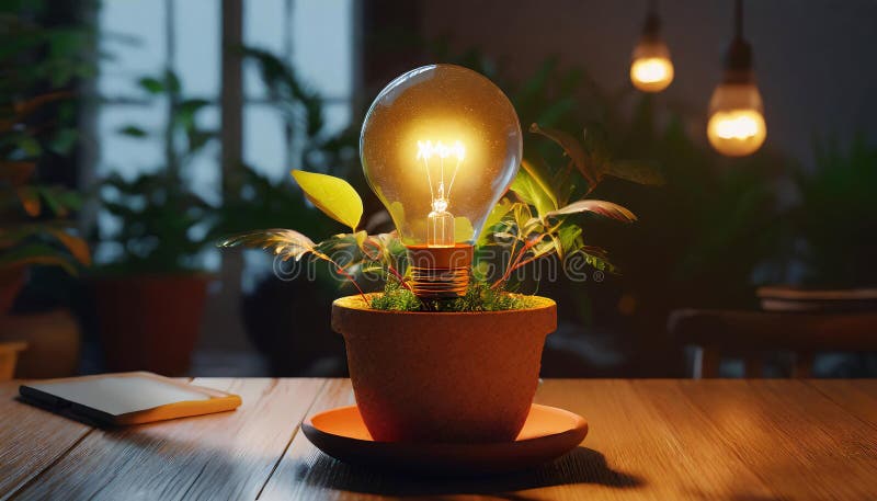 Light Bulb in a Flower Pot on the Table at Home Stock Illustration ...