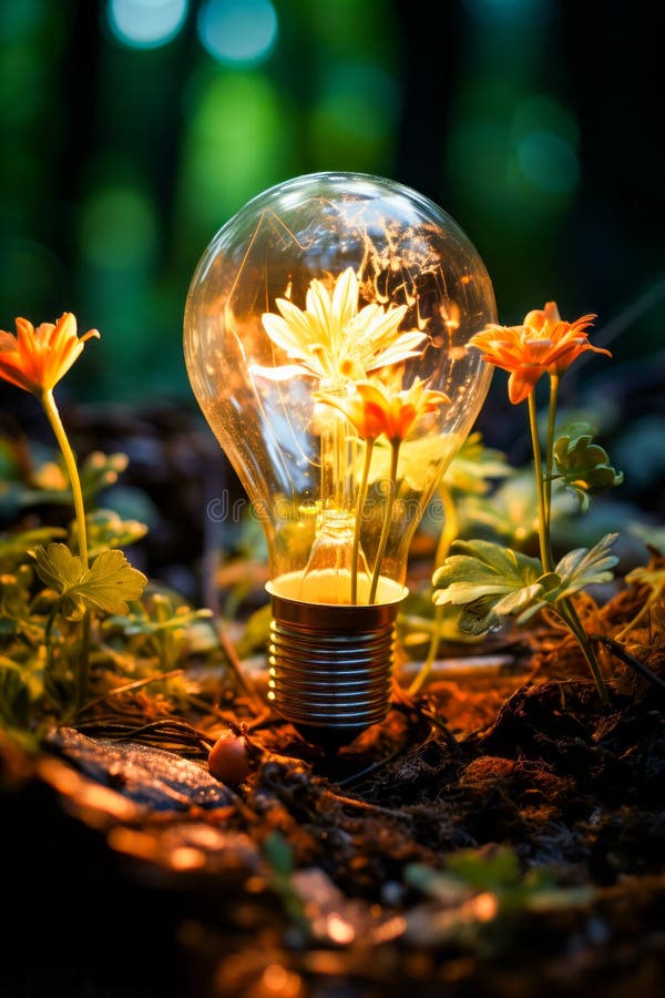 Light Bulb with Flowers Growing Inside of it on Mossy Surface ...