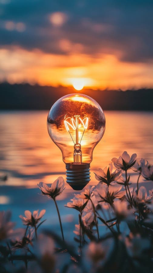 Light Bulb among Flowers at Sunset, Creative Inspiration Concept Stock ...
