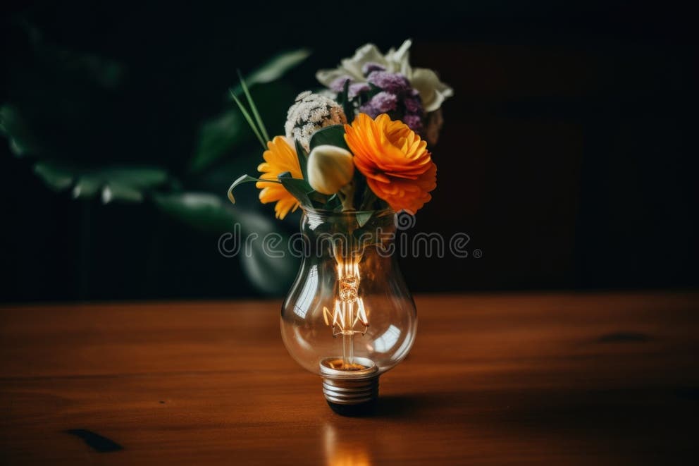 A Light Bulb with Flowers in it on a Table. AI Generative Image. Stock ...