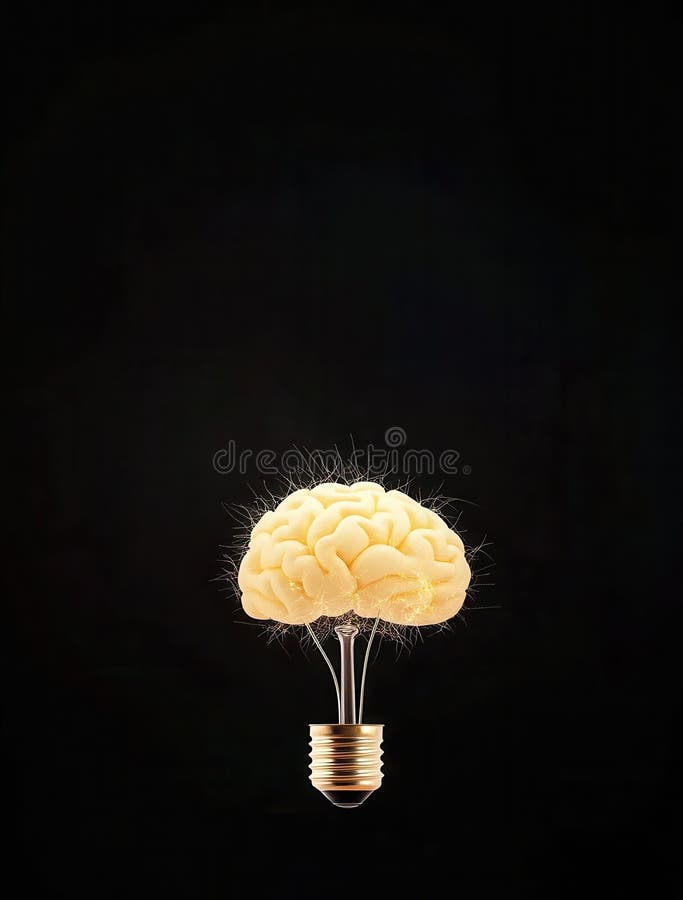 Light Bulb with a Fluffy Brain Design Glowing in Dark Stock Image ...