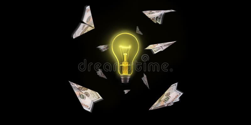 Light Bulb with Flying Dollar Bills on the Outside on a Black ...