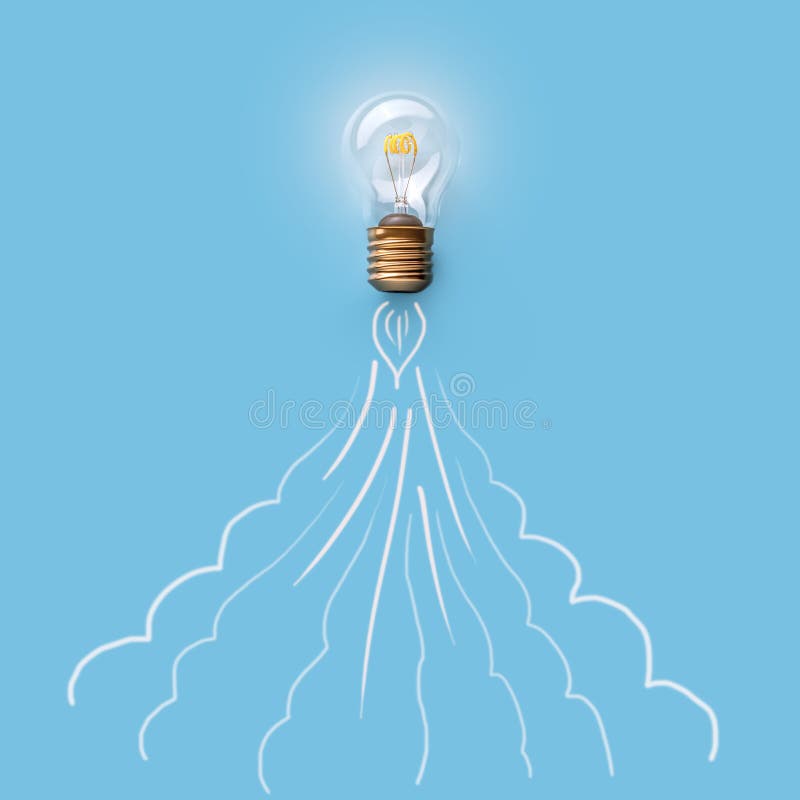 Light Bulb Flying Up To Sky Like Rocket. Concept of Successful Business ...