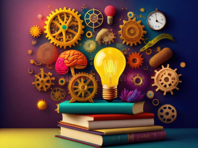 Light Bulb in Front of Books with Gears and Clock Inside Stock ...