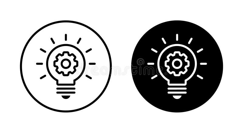 Light Bulb with Gear Icon on Black Circle. Implementation, Development ... Light Bulb with Gear Icon on Black Circle. Implementation, Development ...