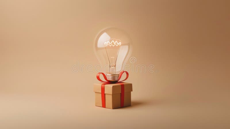 Light Bulb on Gift Box with Red Ribbon, Creative Concept. Innovation ...