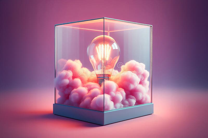 Light Bulb in Glass Case, Concept Art, Pink Clouds, Solid Light Cube ...