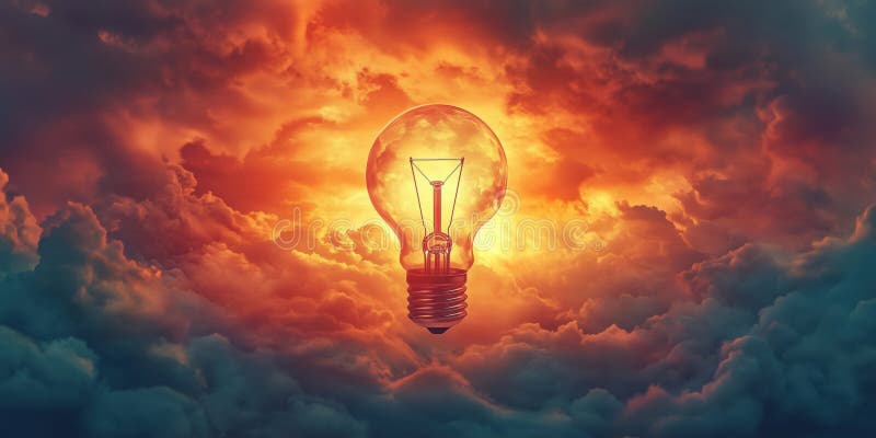 Light Bulb Glowing Against Dramatic Sunset Clouds with Vibrant Colors ...