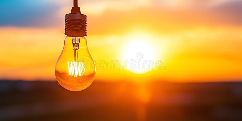 Light Bulb Glowing Against a Vibrant Sunset Sky Captivating Warm Colors ...