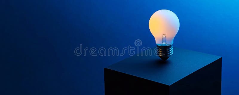 Light Bulb Glowing on a Black Cube Against Blue Gradient Background ...