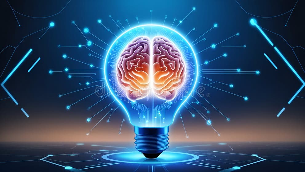 Light Bulb with a Glowing Brain Inside the Light Bulb, Artificial Intelligence, Knowledge ...