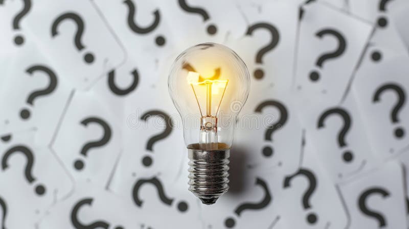 A Light Bulb Glowing Brightly Against a Background of Question Marks ...