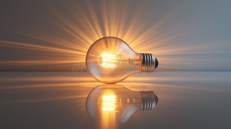 Light Bulb Glowing Brightly on Reflective Surface Stock Photo - Image ...