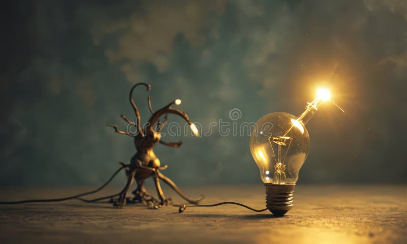 Light Bulb with Glowing Bulb and Twisted, Metallic Creature with ...