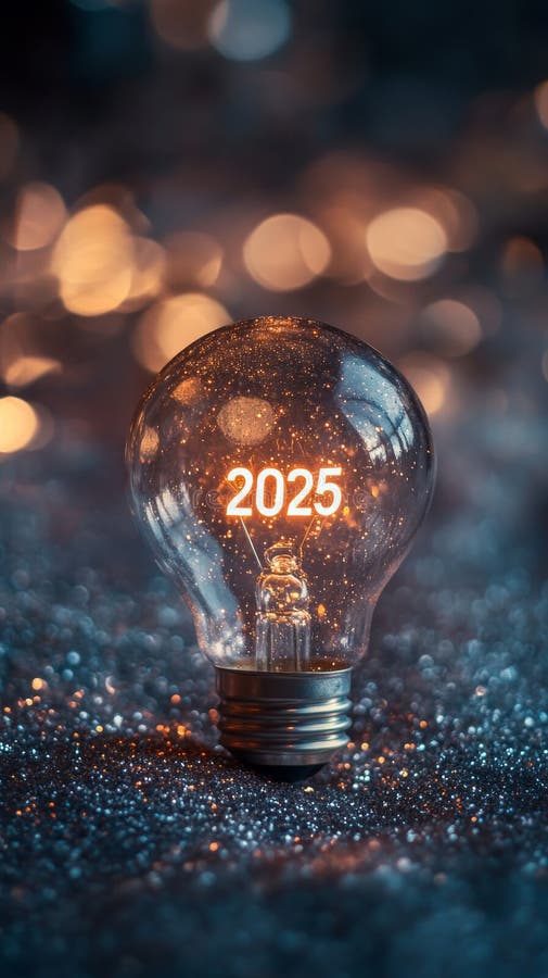 Light Bulb with 2025 Glowing Filament on Sparkly Surface, Creative ...