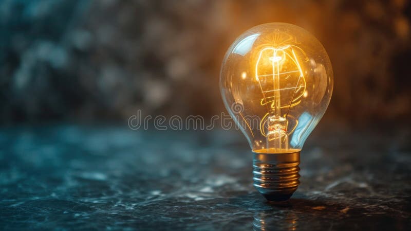 A Light Bulb with a Glowing Filament on Top of a Dark Surface, AI Stock ...