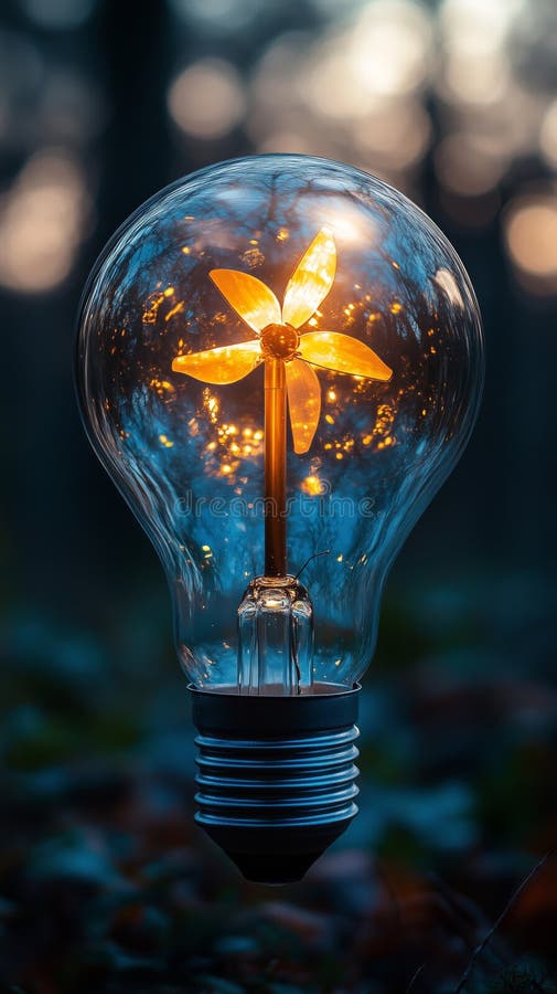 Light Bulb with Glowing Flower Design Shines during Twilight in a ...