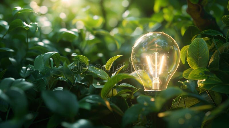 Light Bulb Glowing among Green Foliage, Nature Conservation Concept ...