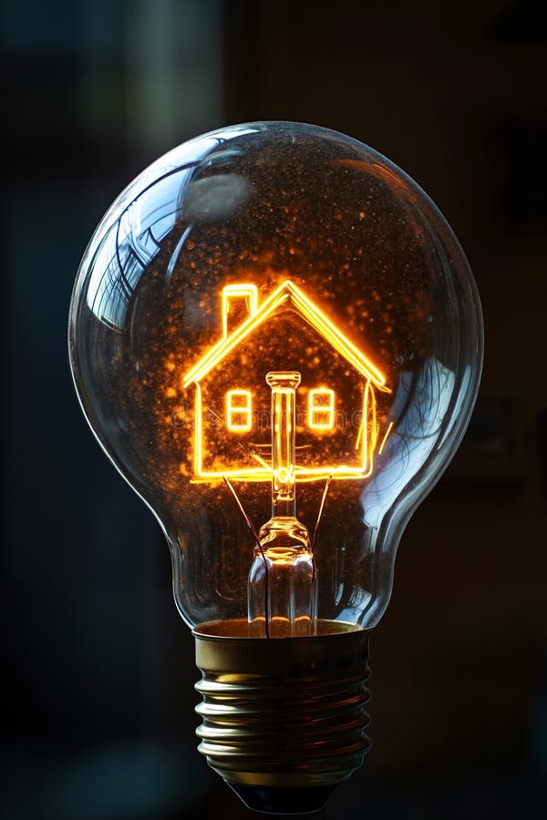 A Light Bulb with a Glowing House Inside of it Stock Photo - Image of ...