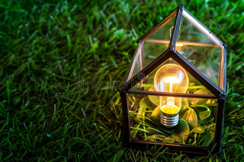Light Bulb Glowing Inside Mini Glass House on Grass Stock Photo - Image ...