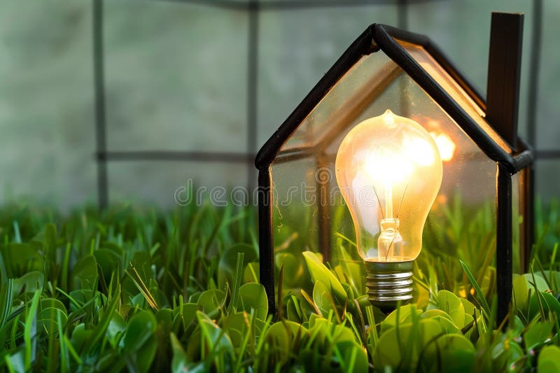 Light Bulb Glowing Inside Mini Glass House on Grass Stock Photo - Image ...