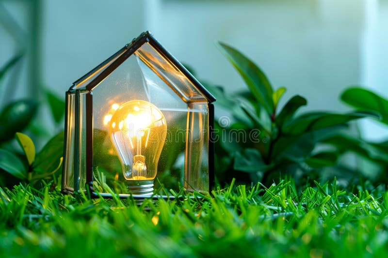 Light Bulb Glowing Inside Mini Glass House on Grass Stock Image - Image ...
