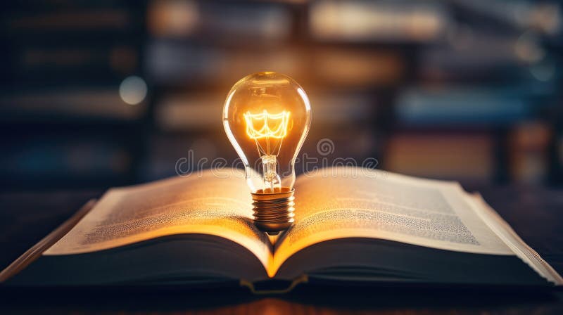 Light Bulb Glowing on Open Book. Self Learning or Education Knowledge ...