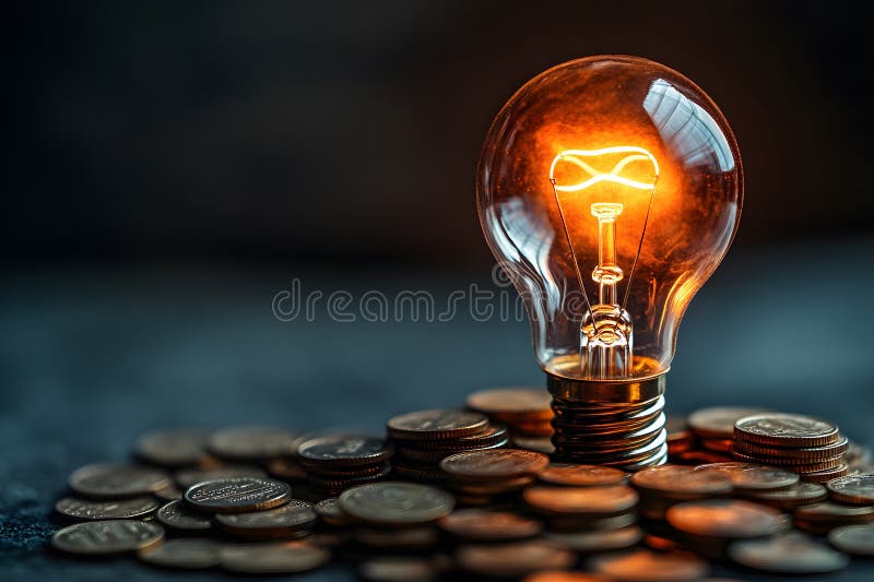 Light Bulb Glowing Over Stack of Coins, Symbolizing Financial Ideas ...