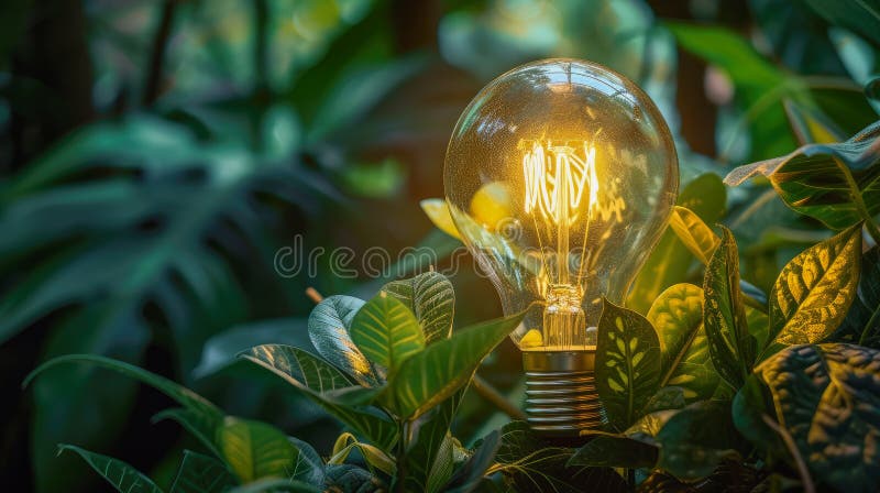 A Light Bulb Glowing Over a Tropical Plants , Representing the ...