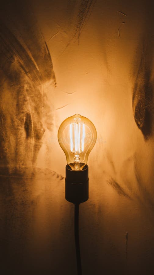 Light Bulb Glowing, Rustic Wall Behind Adds Contrast between Light and ...