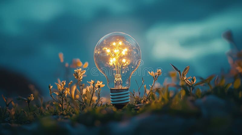 Light Bulb Glowing among Small Plants in the Field at Twilight Stock ...