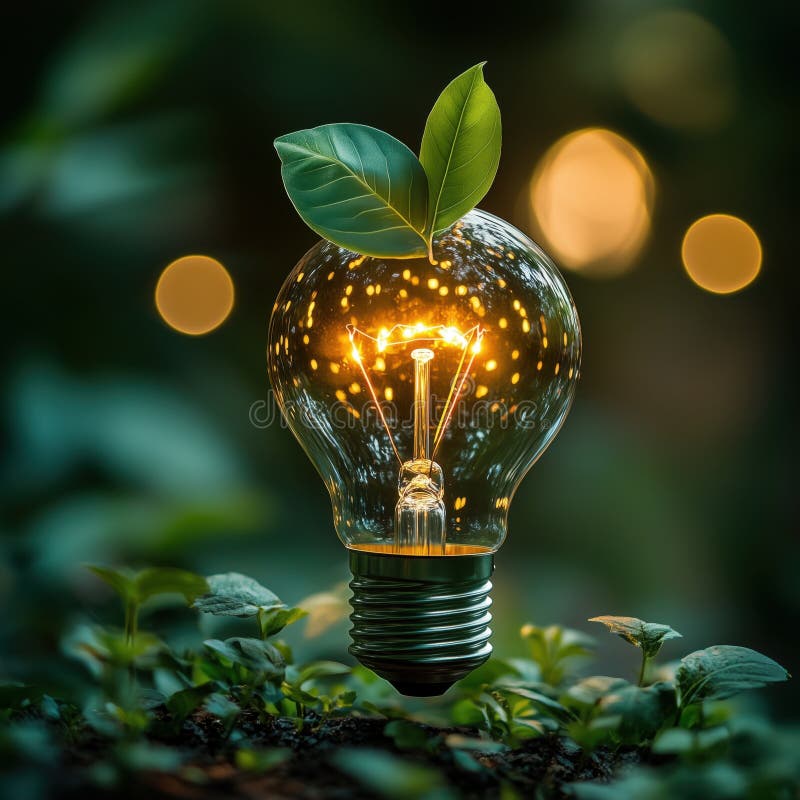 Light Bulb Glowing in the Sunlight, Surrounded by Lush Green Leaves and ...